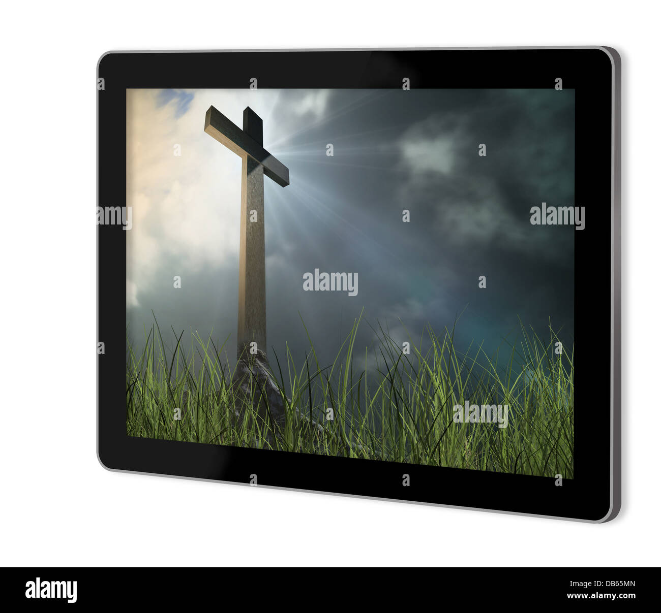 Wooden cross on screen of tablet made in 3d software Stock Photo - Alamy