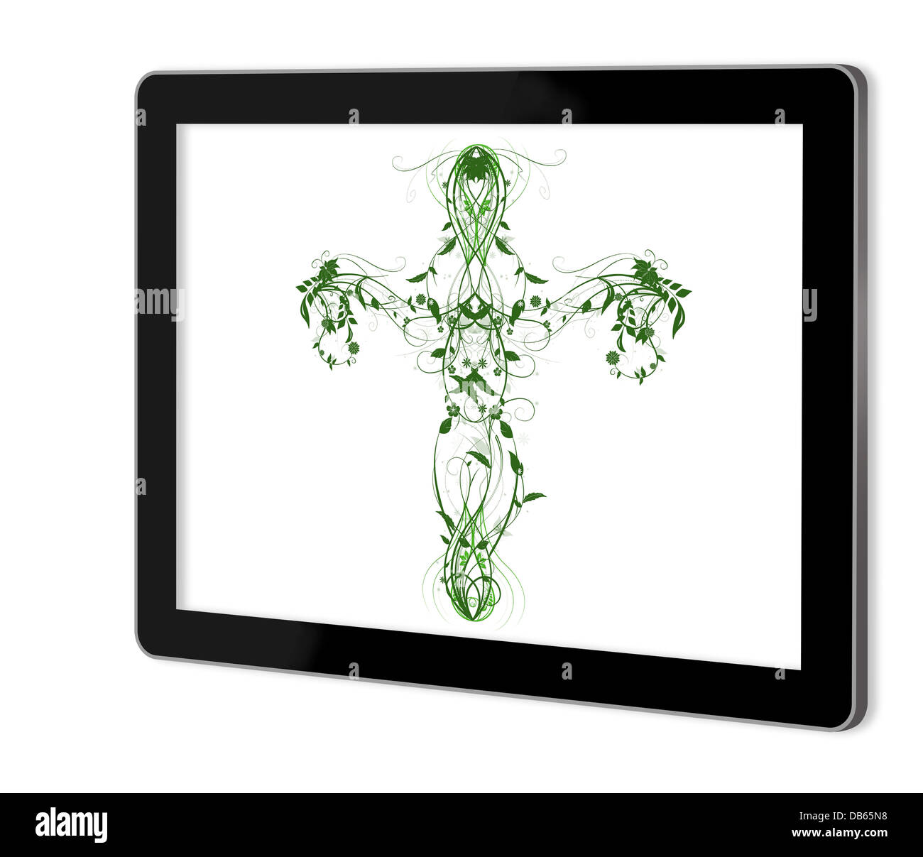 Green Floral Cross on screen of tablet made in 3d software Stock Photo ...