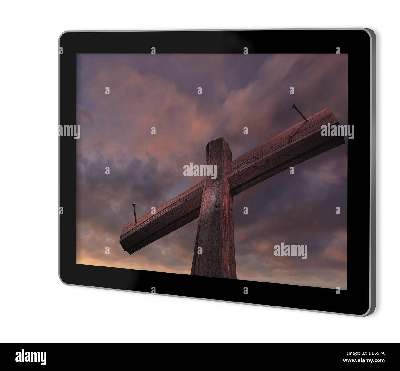 Wooden cross on screen of tablet made in 3d software Stock Photo - Alamy