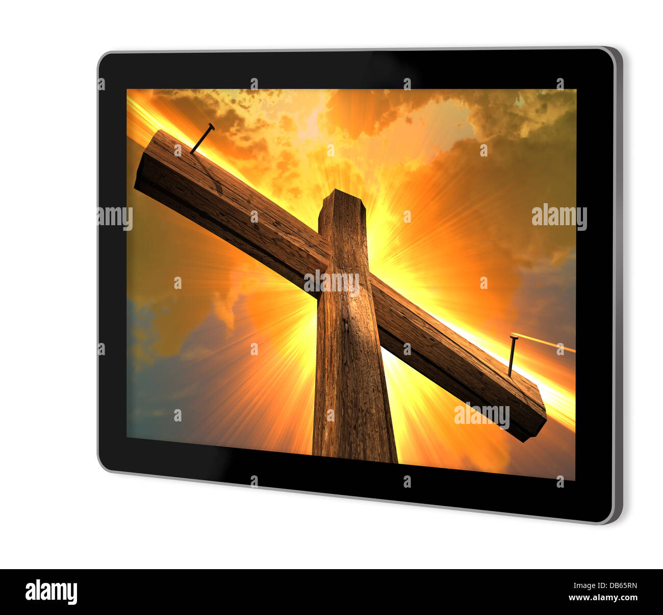 Wooden cross on screen of tablet made in 3d software Stock Photo - Alamy
