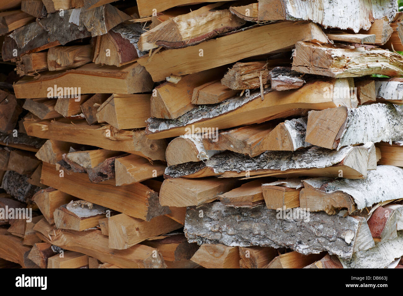 Stacked birch firewood. Central Russia Stock Photo - Alamy