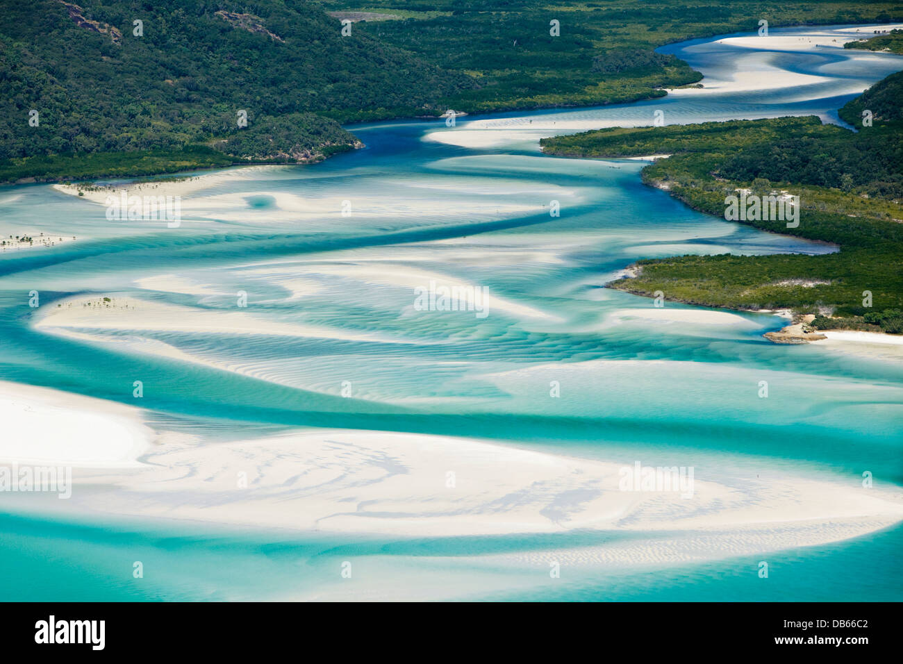 Aerial view of shifting sand banks and turquoise waters of Hill Inlet ...