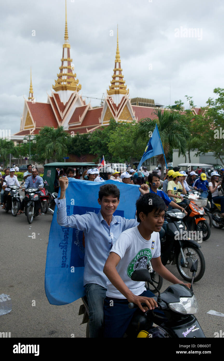 Phnom Penh, Cambodia on July 24th, 2013. Sam Rainsy supporters waving ...