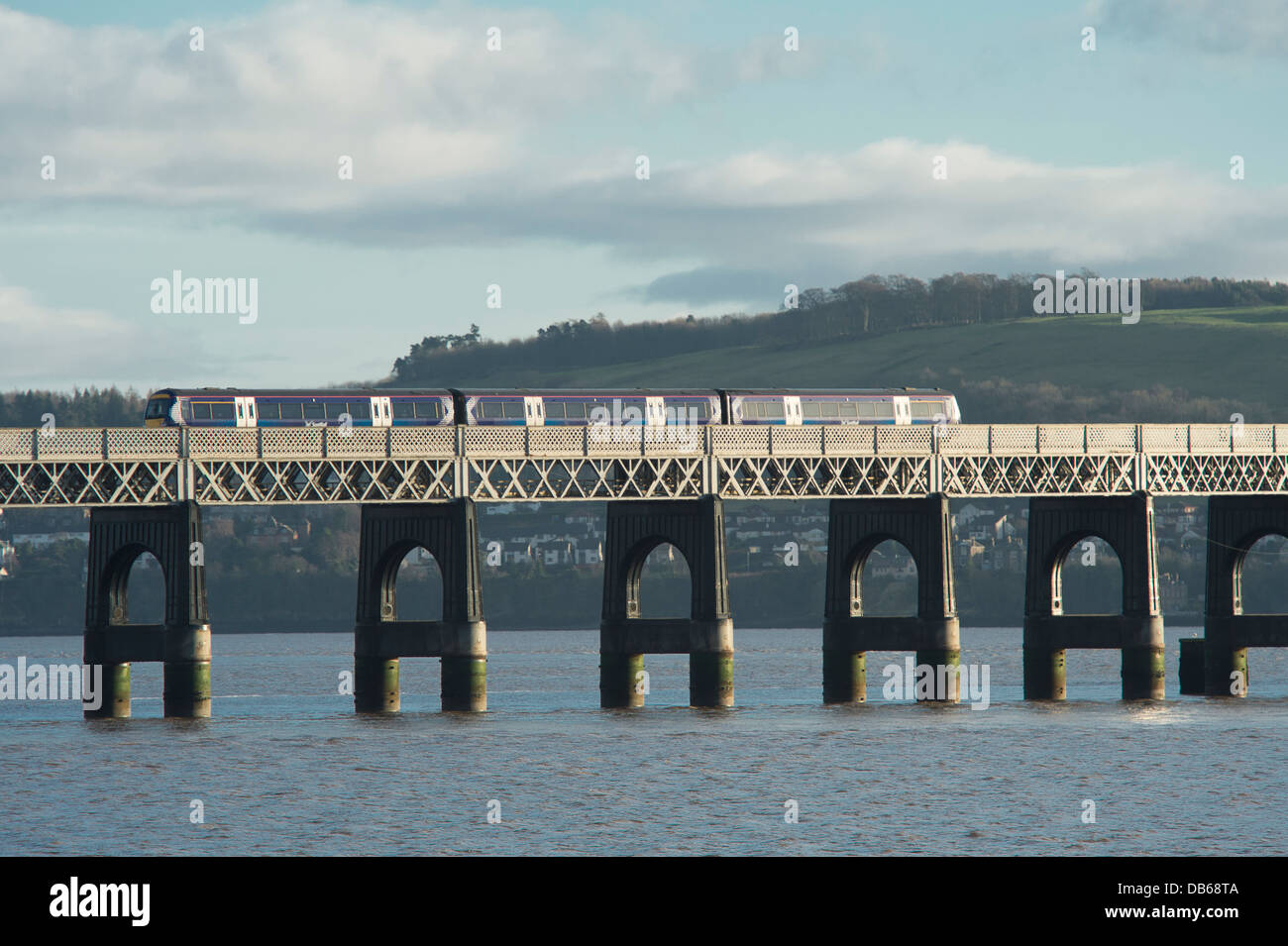 First Scotrail train crossing the Tay Rail Bridge spanning the Firth of ...