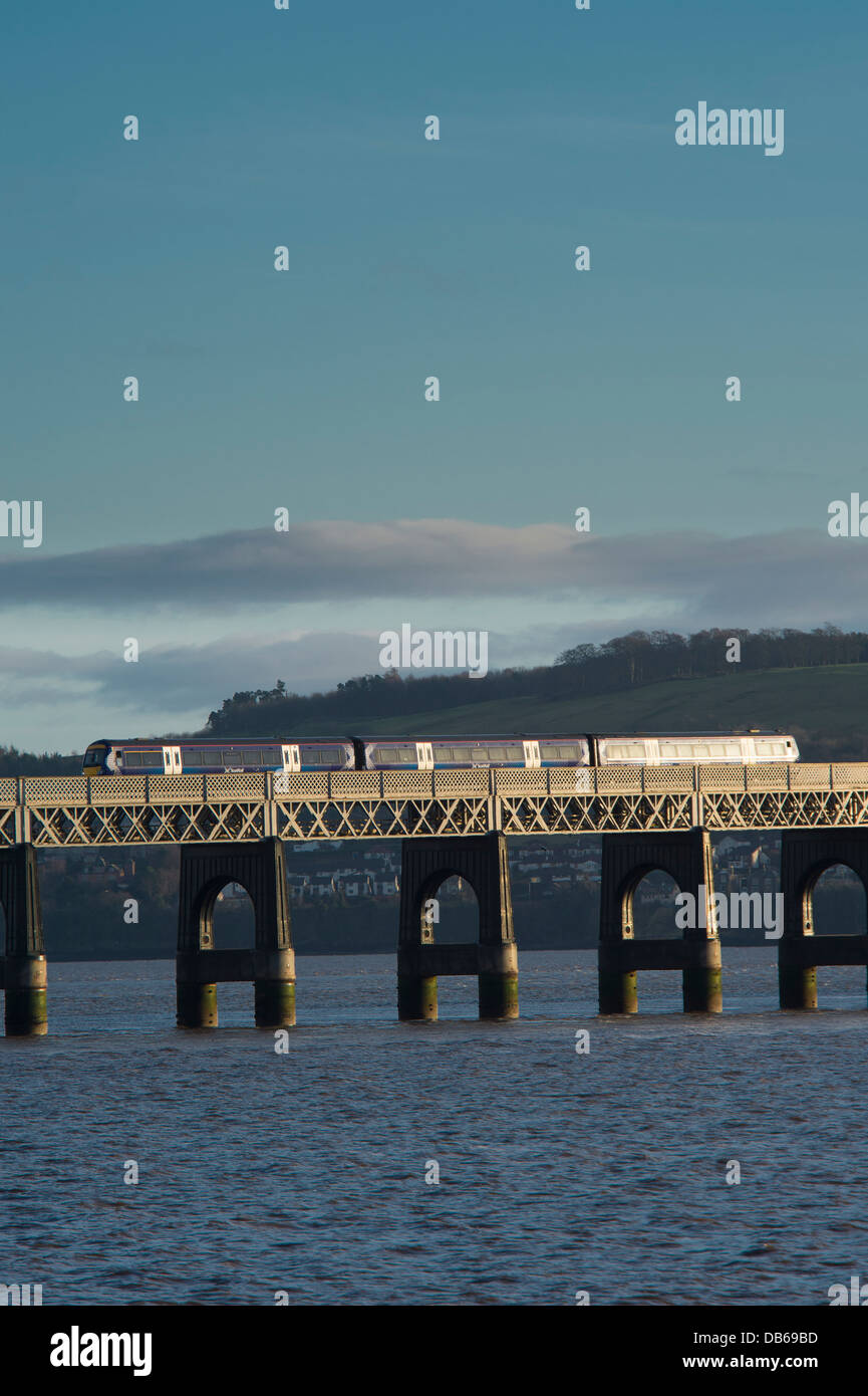 First Scotrail train crossing the Tay Rail Bridge spanning the Firth of ...
