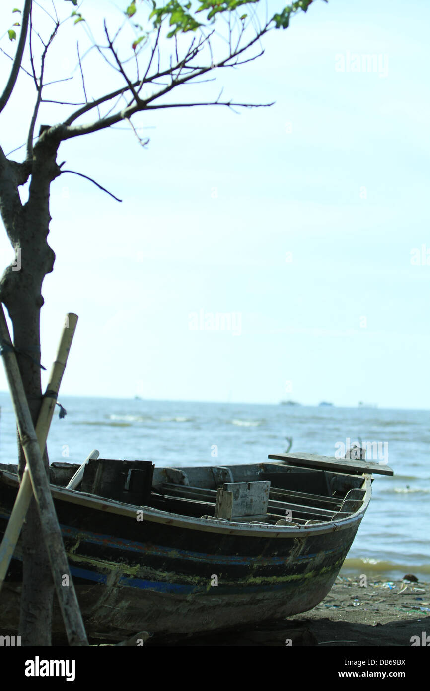 Broken boat with a lonely tree Stock Photo - Alamy