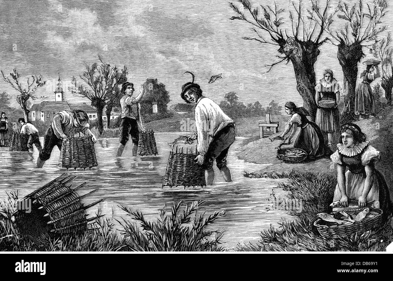 fishing, fishing with basket on Moravia, wood engraving after drawing ...
