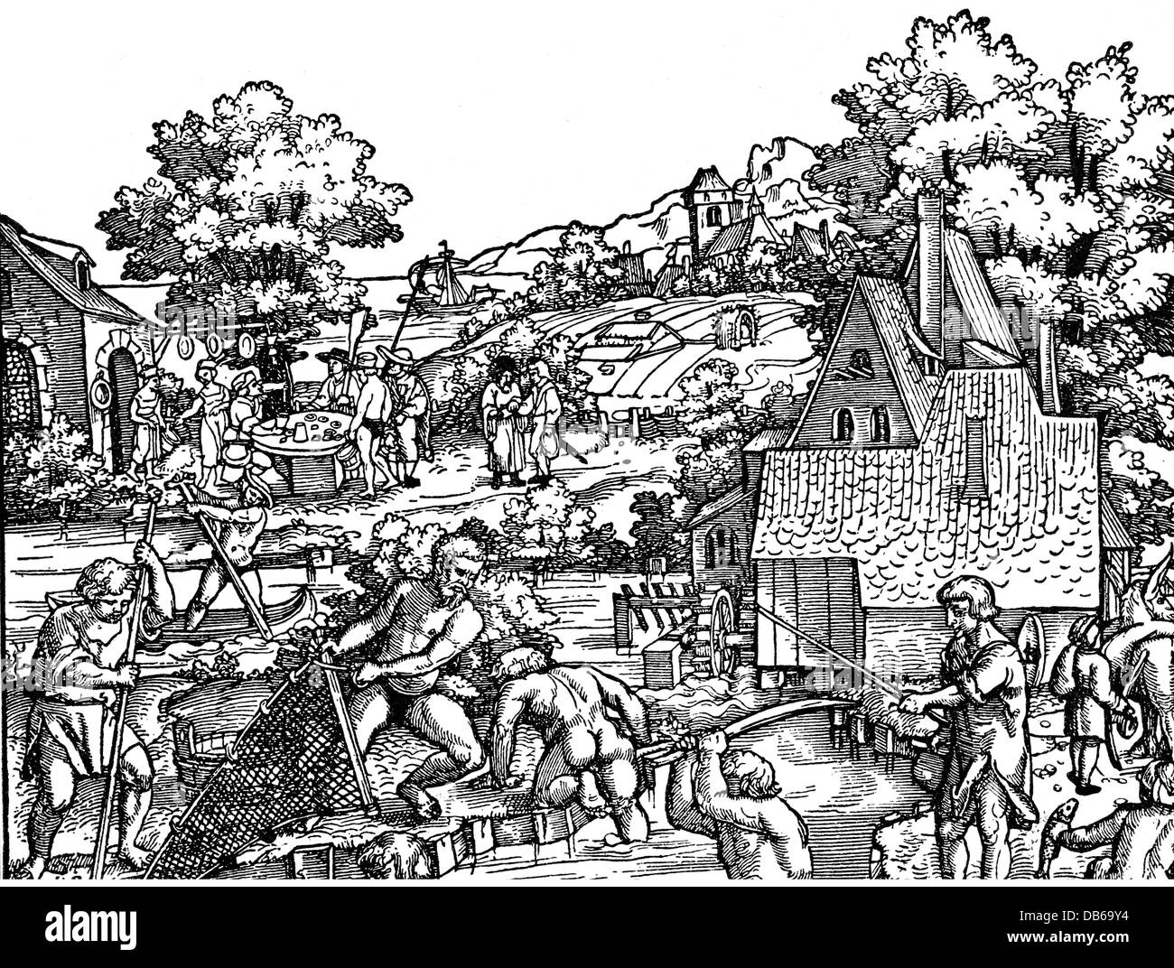 fishing, fishermen at the creek, woodcut, Germany, 16th century, people ...