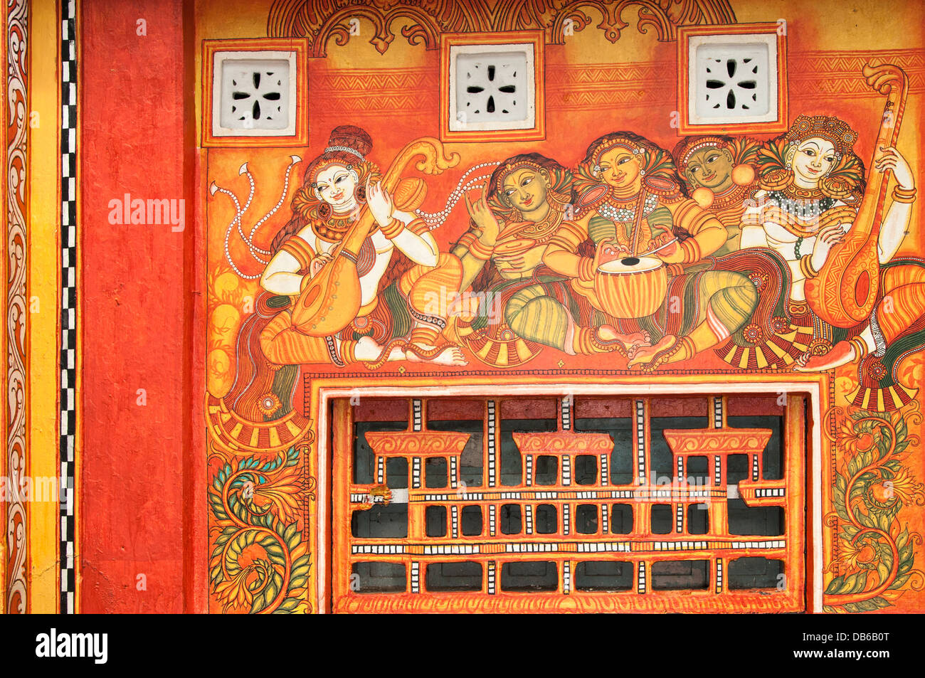 Hindu Goddess playing music, temple mural wall painting India Stock ...