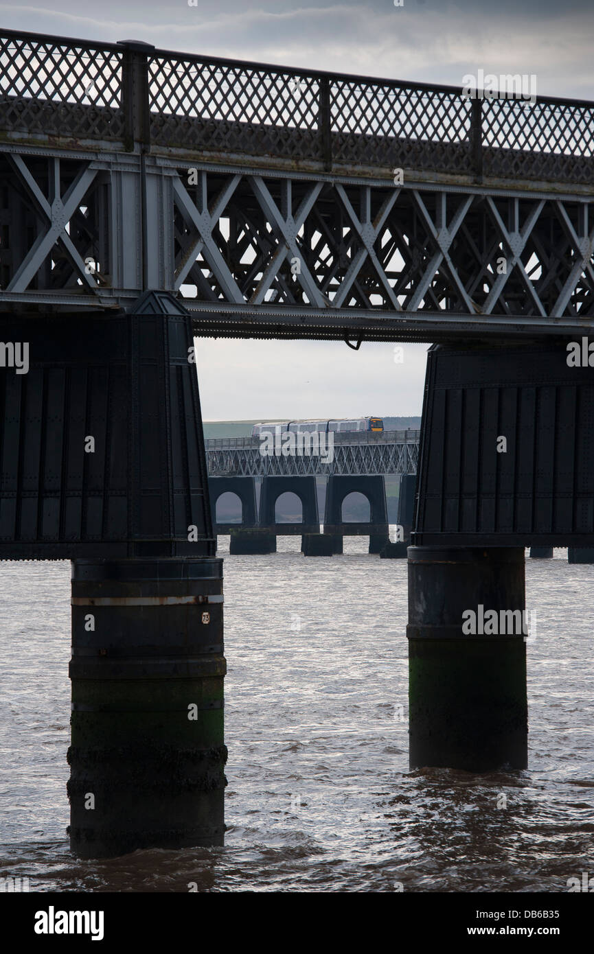 First Scotrail train crossing the iconic Tay Rail Bridge spanning the ...