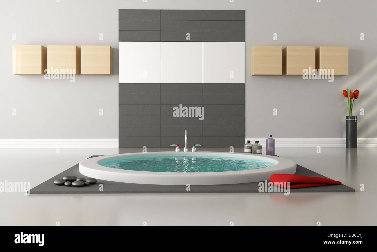 Minimalist luxury bathroom with circular bathtub-rendering Stock Photo ...