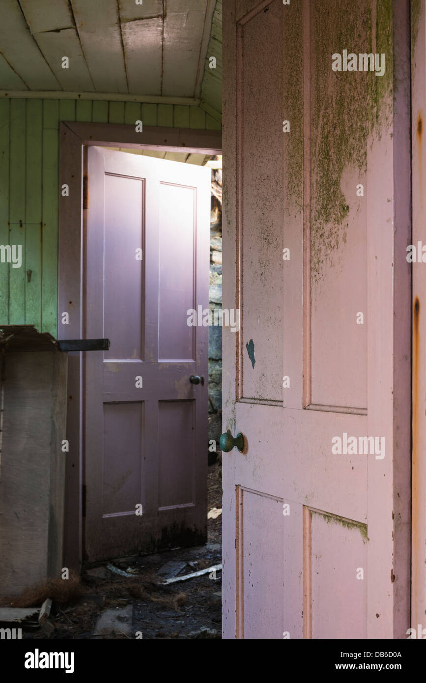 Wood door inside derelict croft house, Berneray, Outer Hebrides ...
