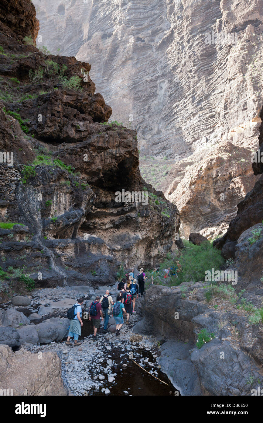 Tourists hiking through Masca Gorge, Tenerife, Canary Islands, Spain ...