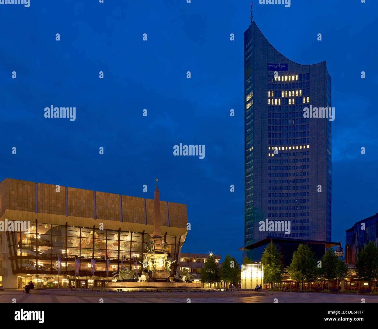 Gewandhaus concert hall, Mende Fountain and Cityhochaus skyscraper at ...