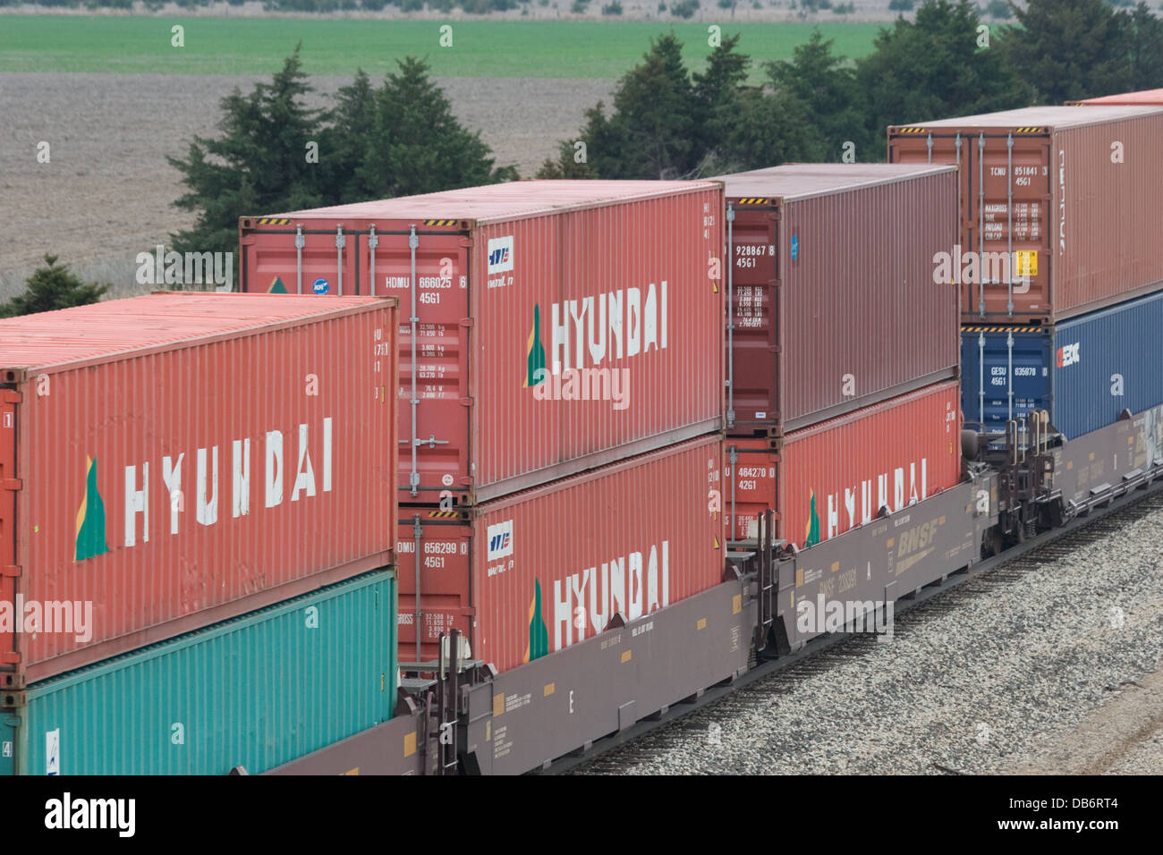 Hyundai intermodal freight containers on BNSF freight train at Wellington KS USA Stock Photo - Alamy