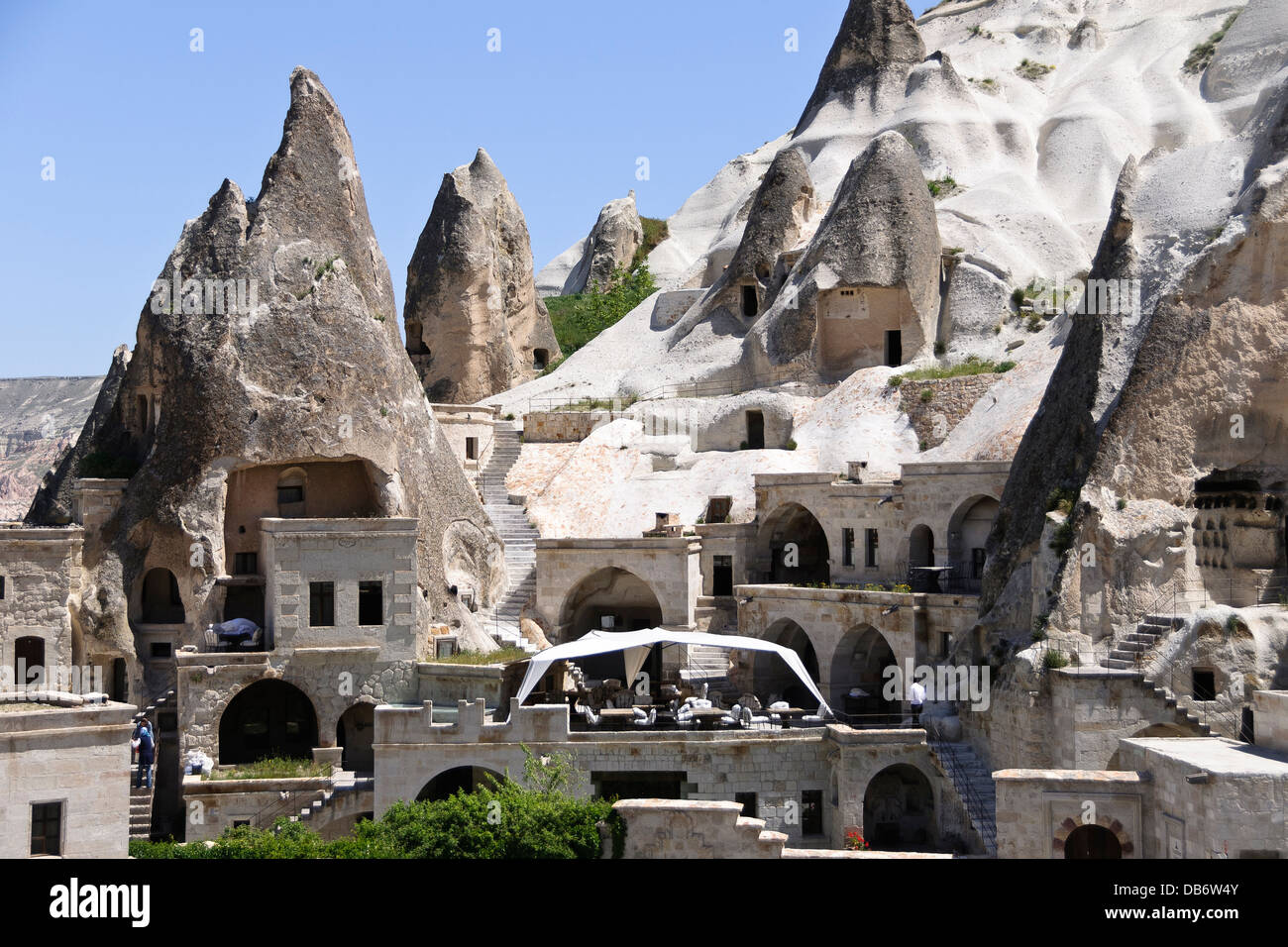 Goreme Town. Cappadocia, Turkey. Hotel and rock formations Stock Photo ...