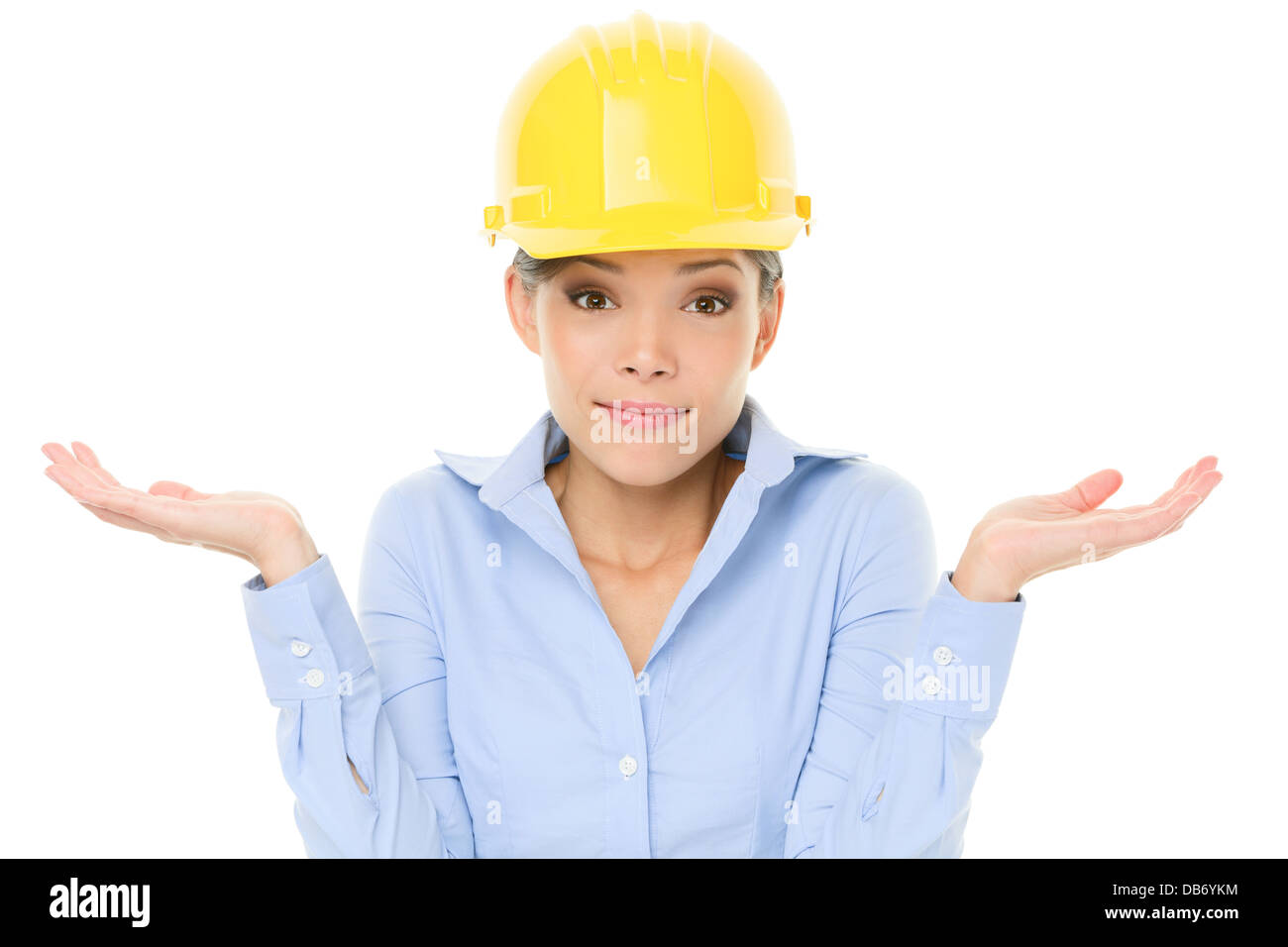 Engineer, entrepreneur or architect woman shrugging lifting shoulders ...