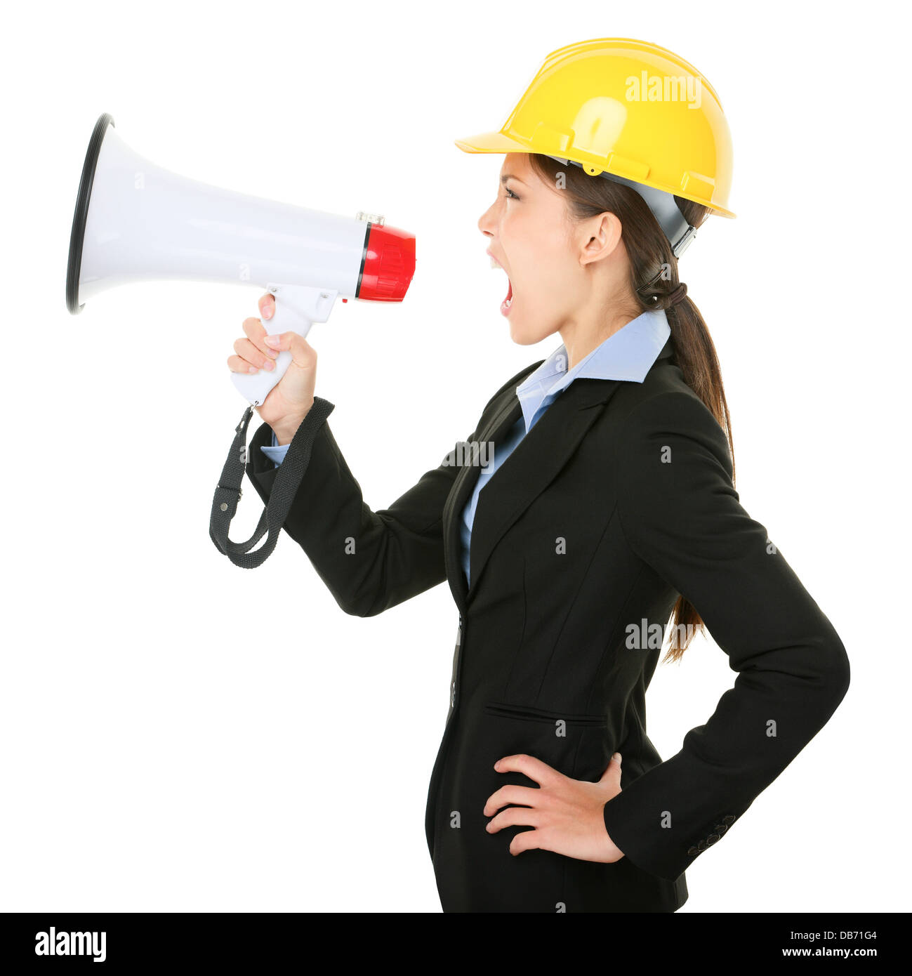 Megaphone screaming engineer contractor business woman with hard hat ...