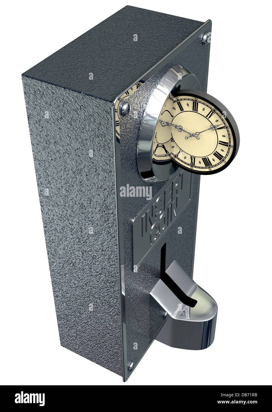 A closeup of a metal coin slot mechanism with a coin shaped clock face ...