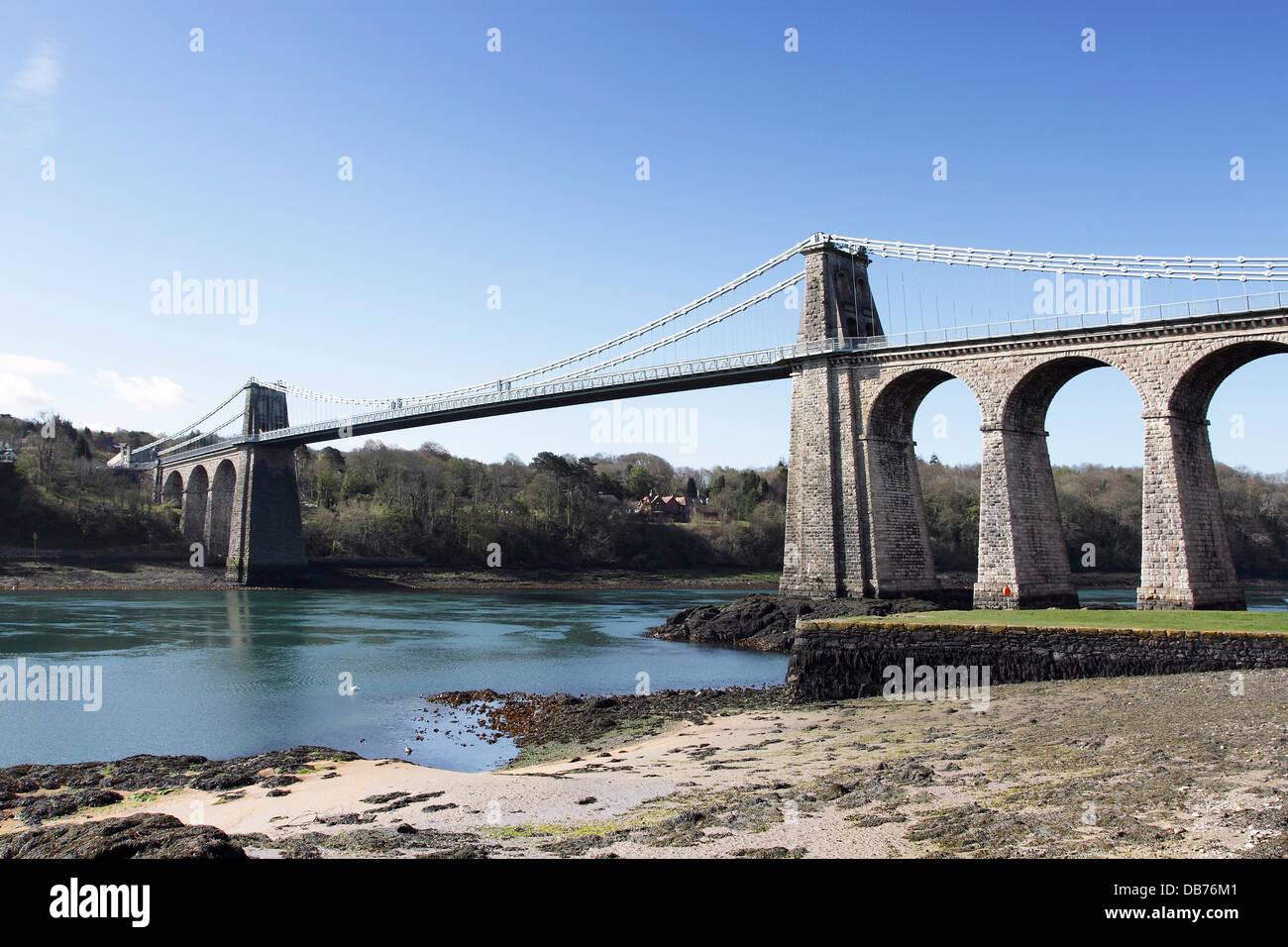 A view of Telford's suspension bridge across the Menai Straits in North ...