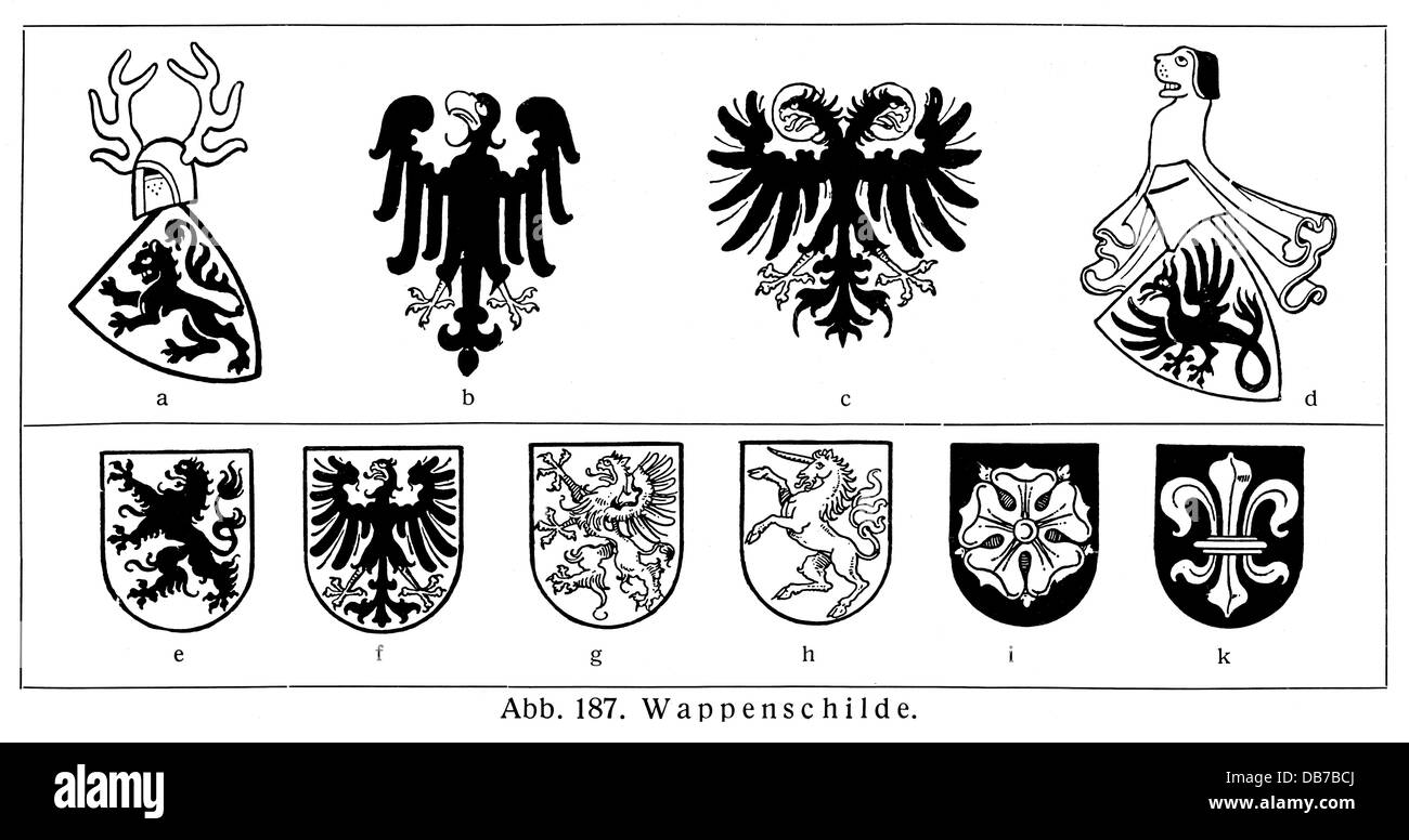 heraldry, charges, a: panther, b: imperial eagle 13th century, c ...