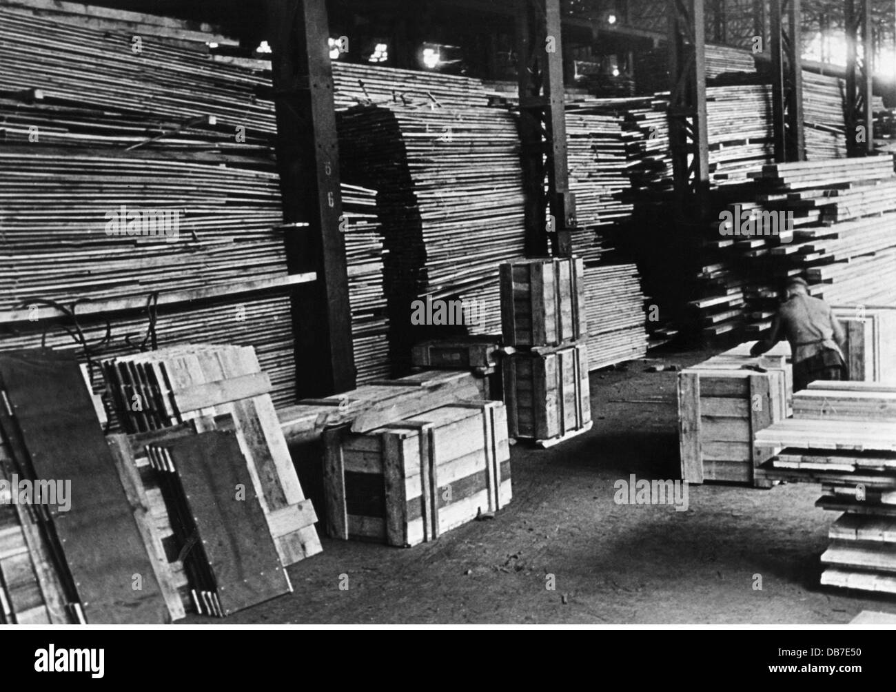 post war period, reconstruction, warehouse with wooden planks and ...