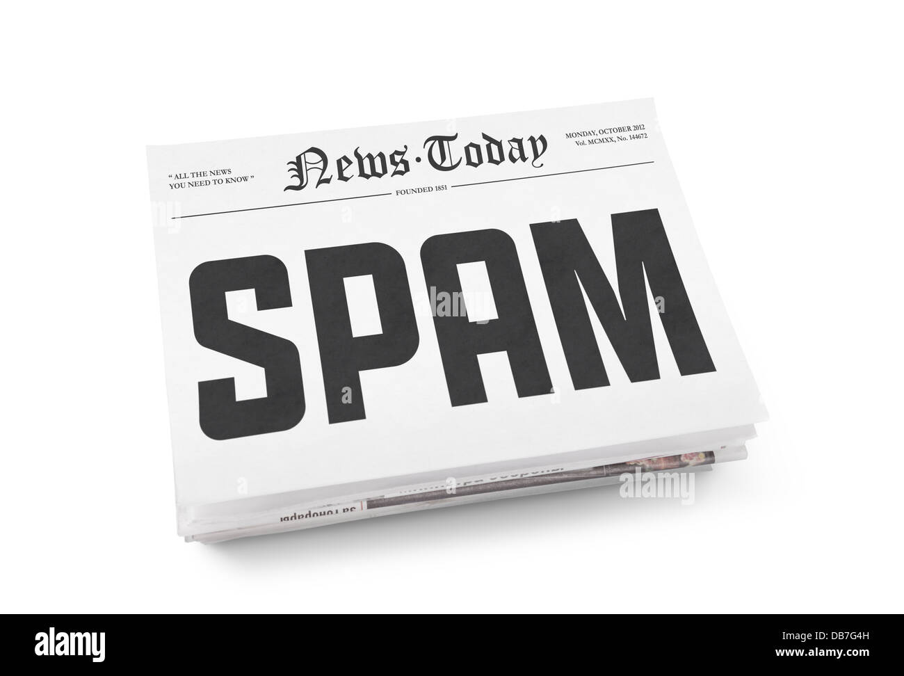 Spam word writing on the front page of newspaper stack. Isolated on ...