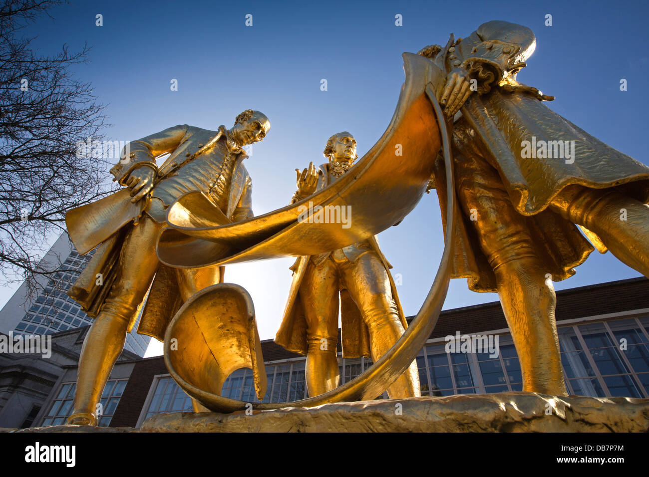 UK, England, Birmingham, Broad Street, the Thre Golden Boys Statue of ...