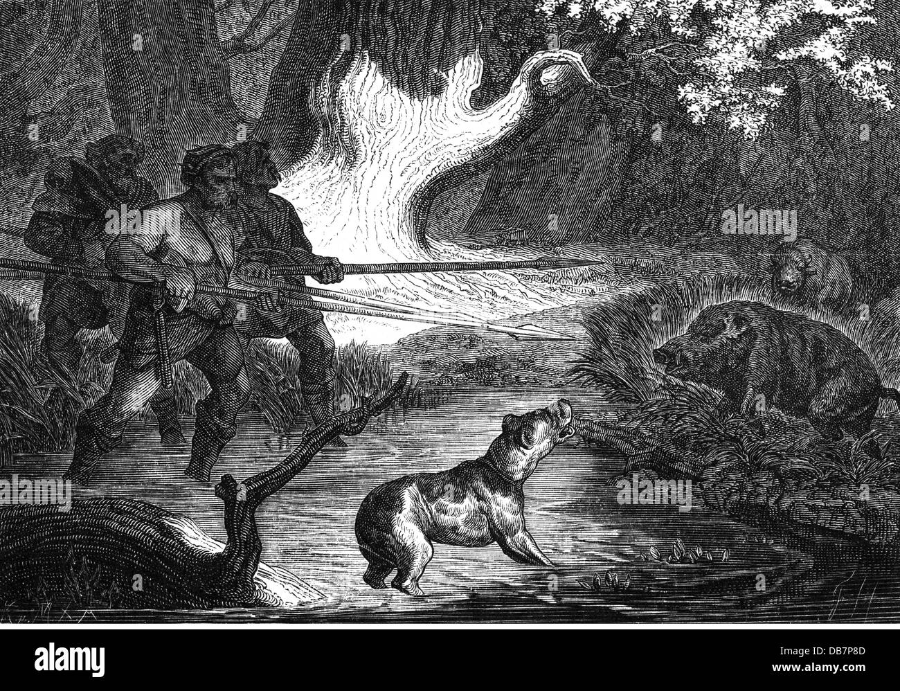 ancient world, Germanics, hunting, men at the boar hunt, wood engraving ...