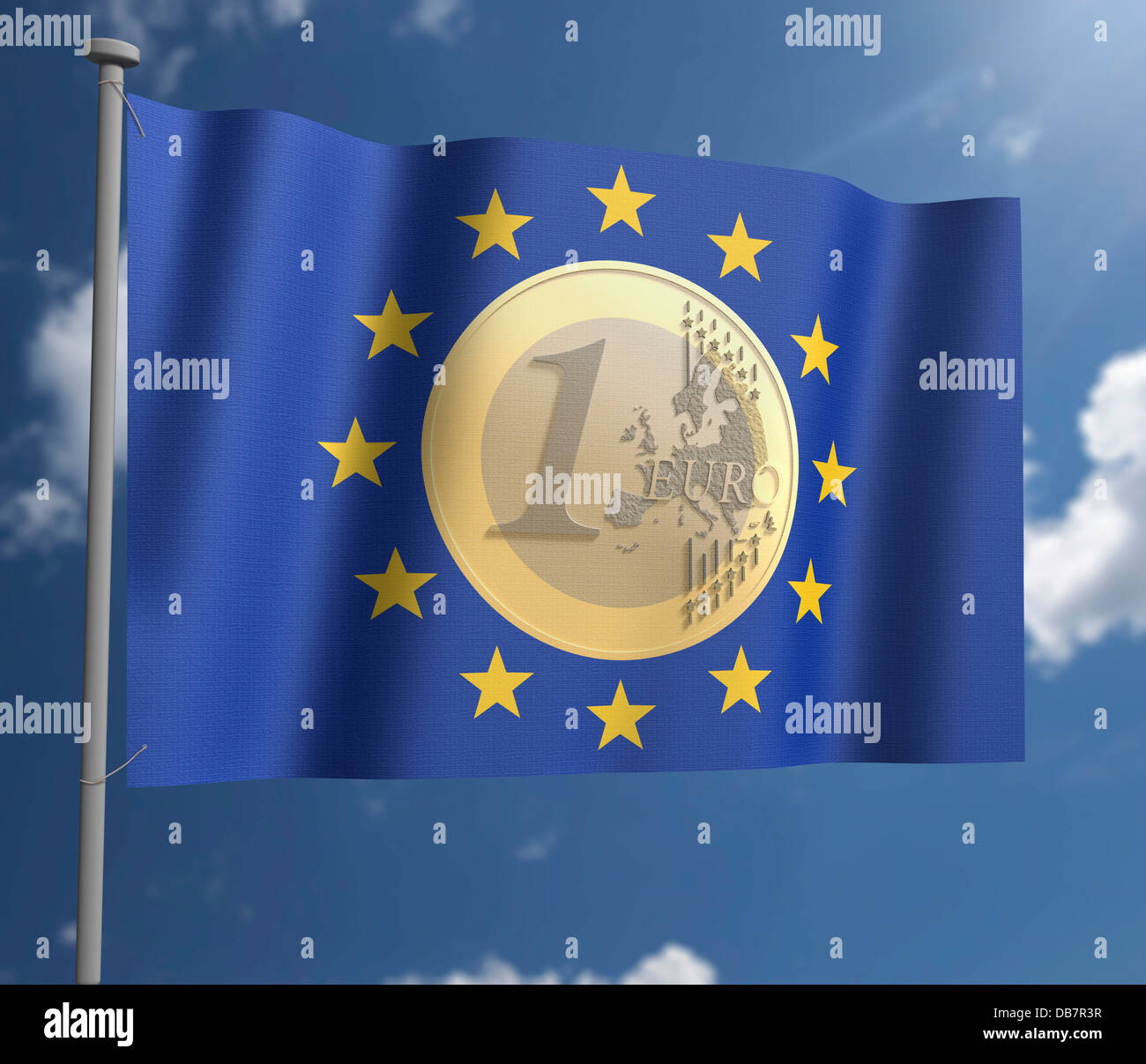 Euro coin on EU Flag Stock Photo - Alamy