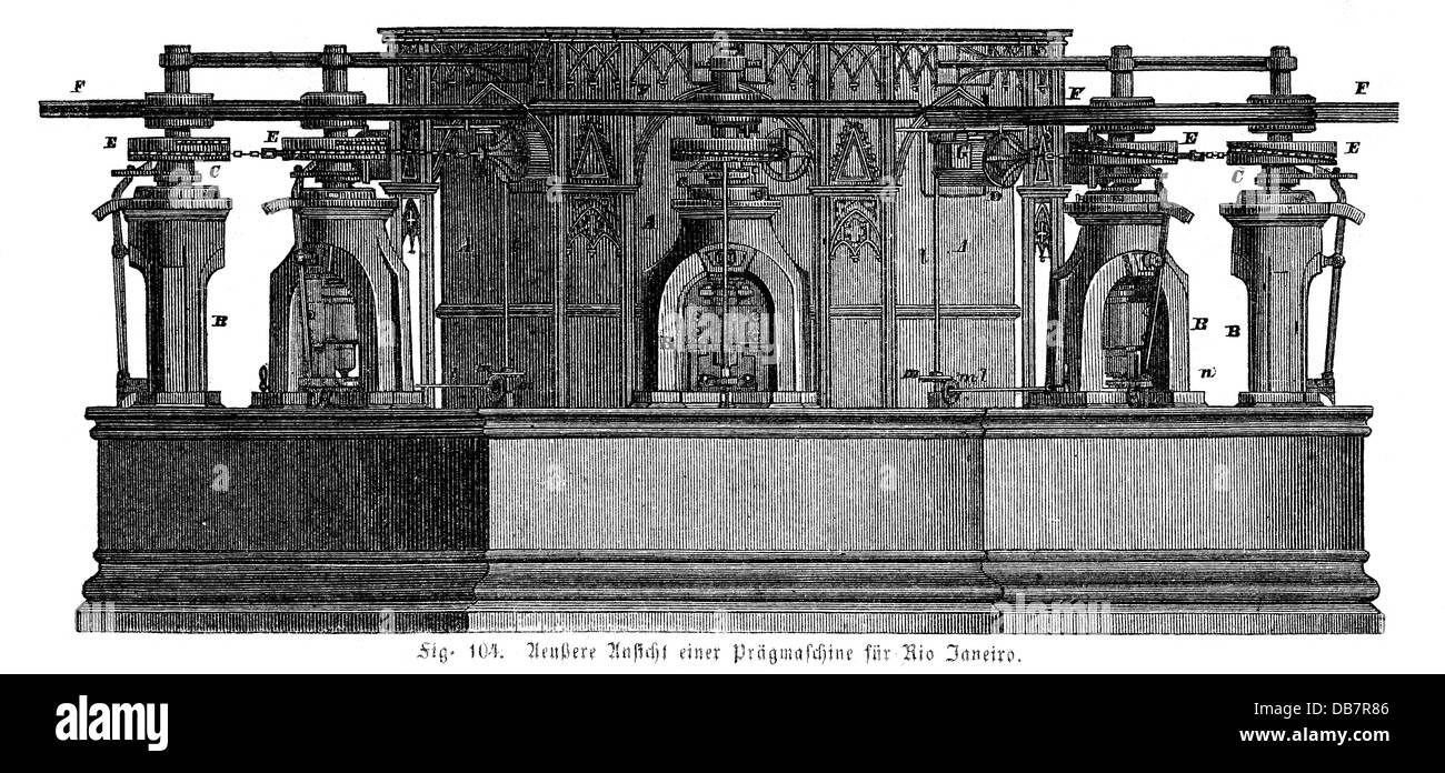 money / finances, mintage, embossing machine for the Imperial Mint Rio ...