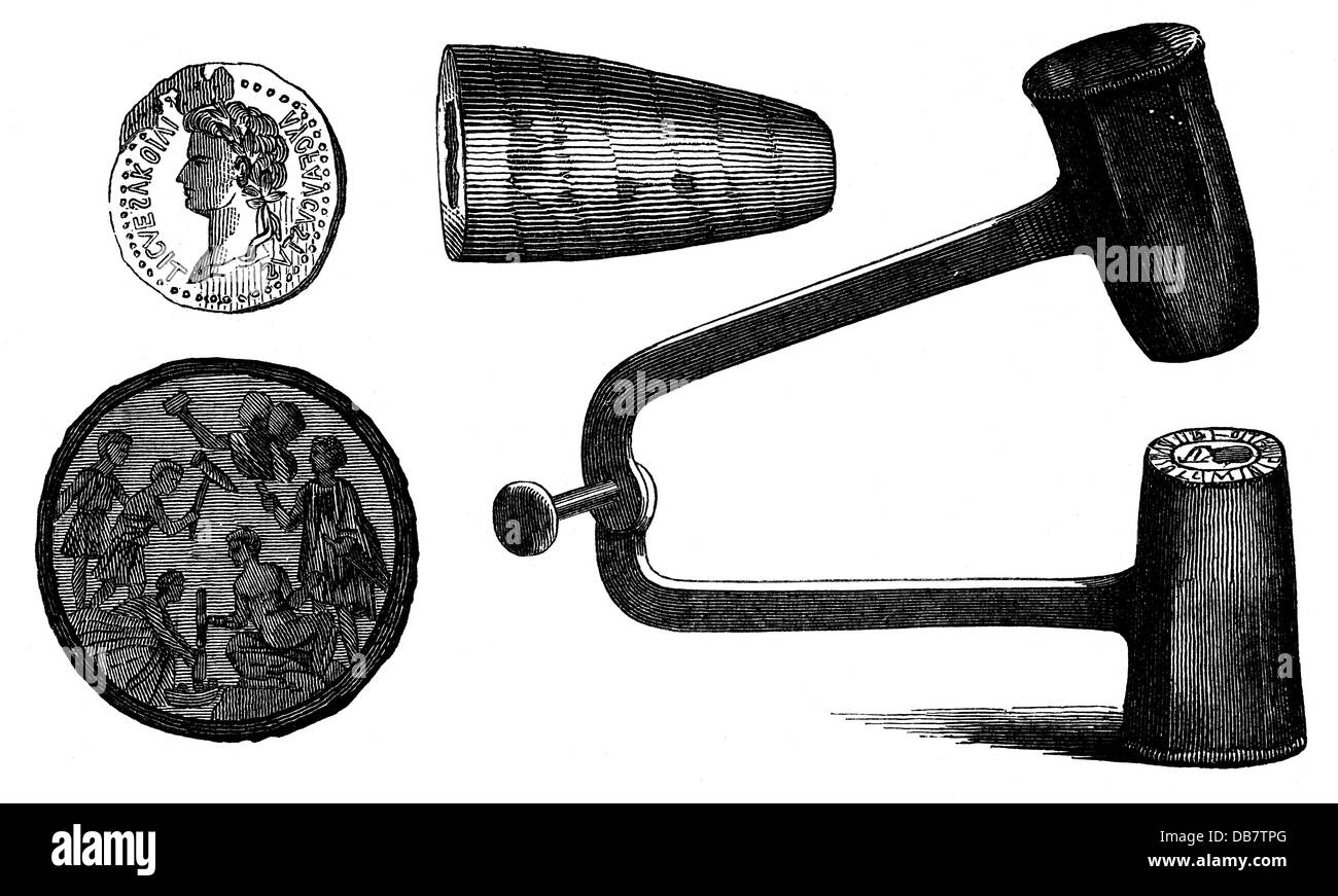 money / finances, mintage, ancient world, embossing apparatus, die and ...