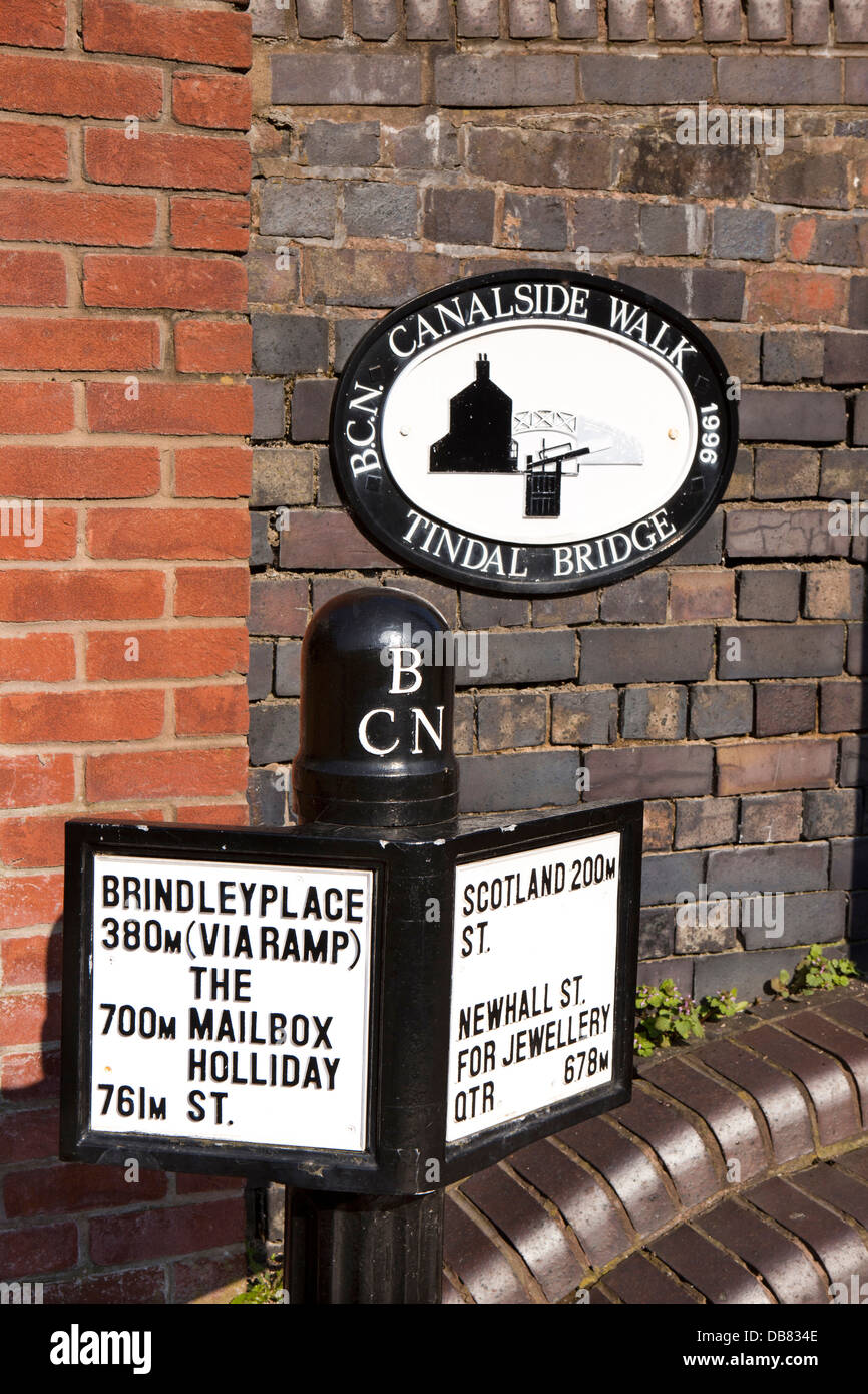 UK, England, Birmingham, Brindley Place, towpath walk signpost on ...