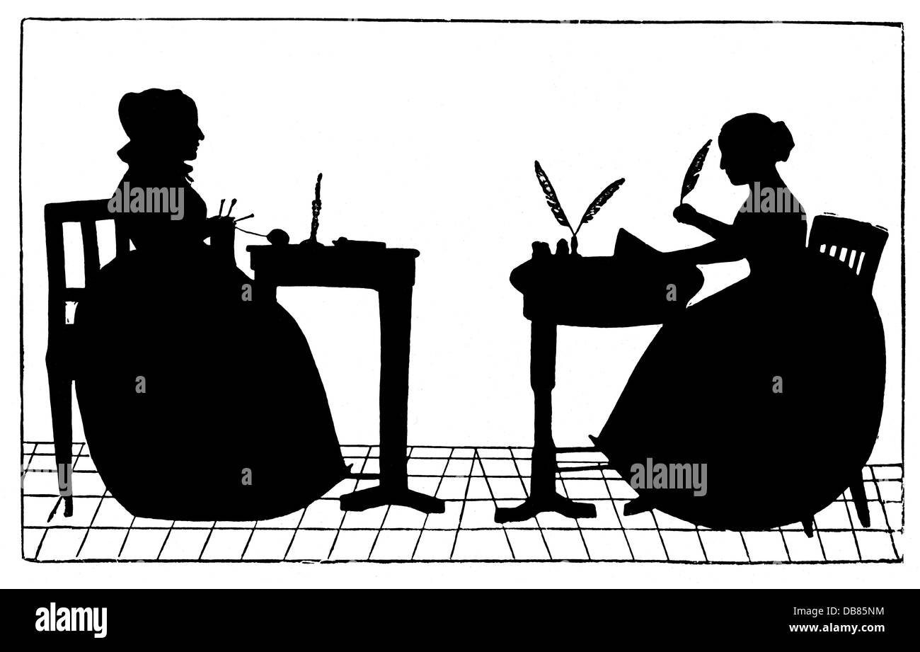 leisure time, knitting and writing, silhouette by K. L. Schlueter, 1843 ...