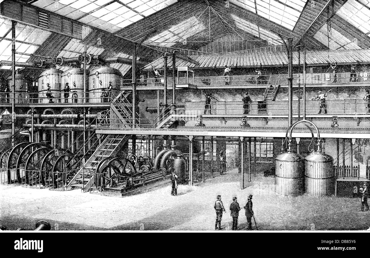 industry, food, sugar, sugar plant, interior view, wood engraving ...