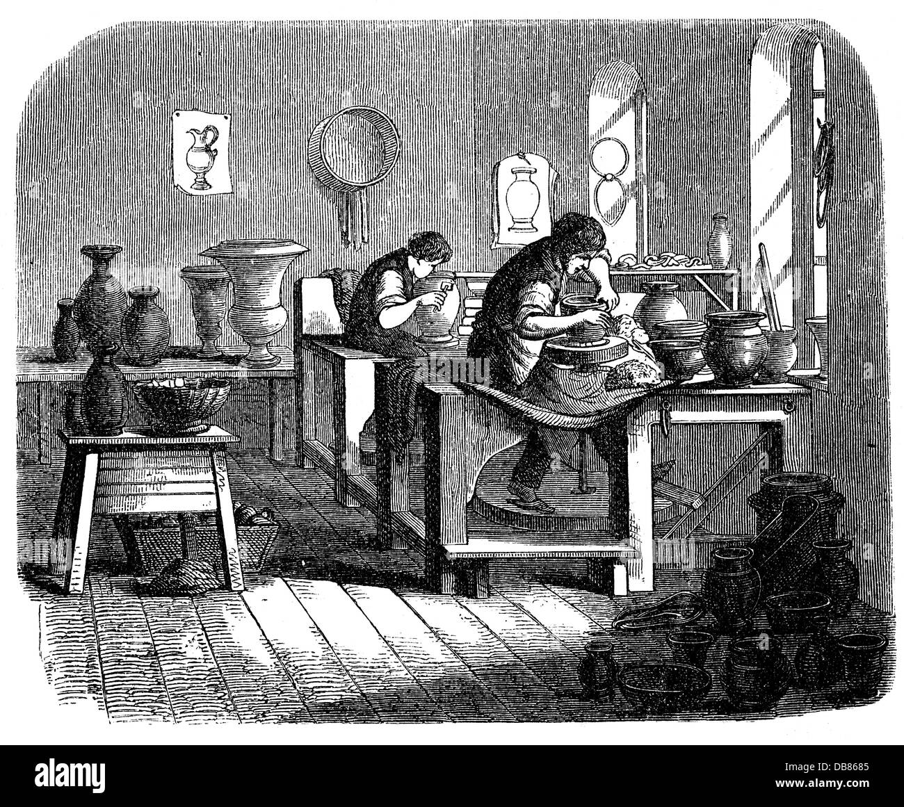 handicraft, potter, moulding shop, wood engraving, 1860, Artist's ...