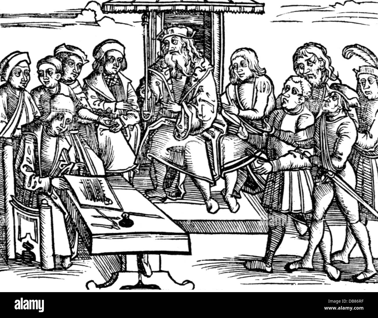 justice, courtroom scenes, the accused is brought forward, woodcut ...