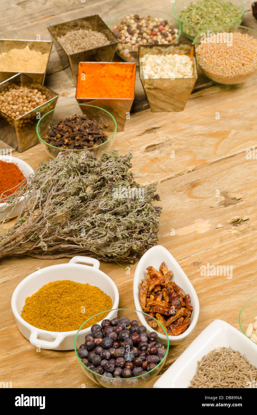 Assortment of fresh spices and condiments, a cooking background Stock ...