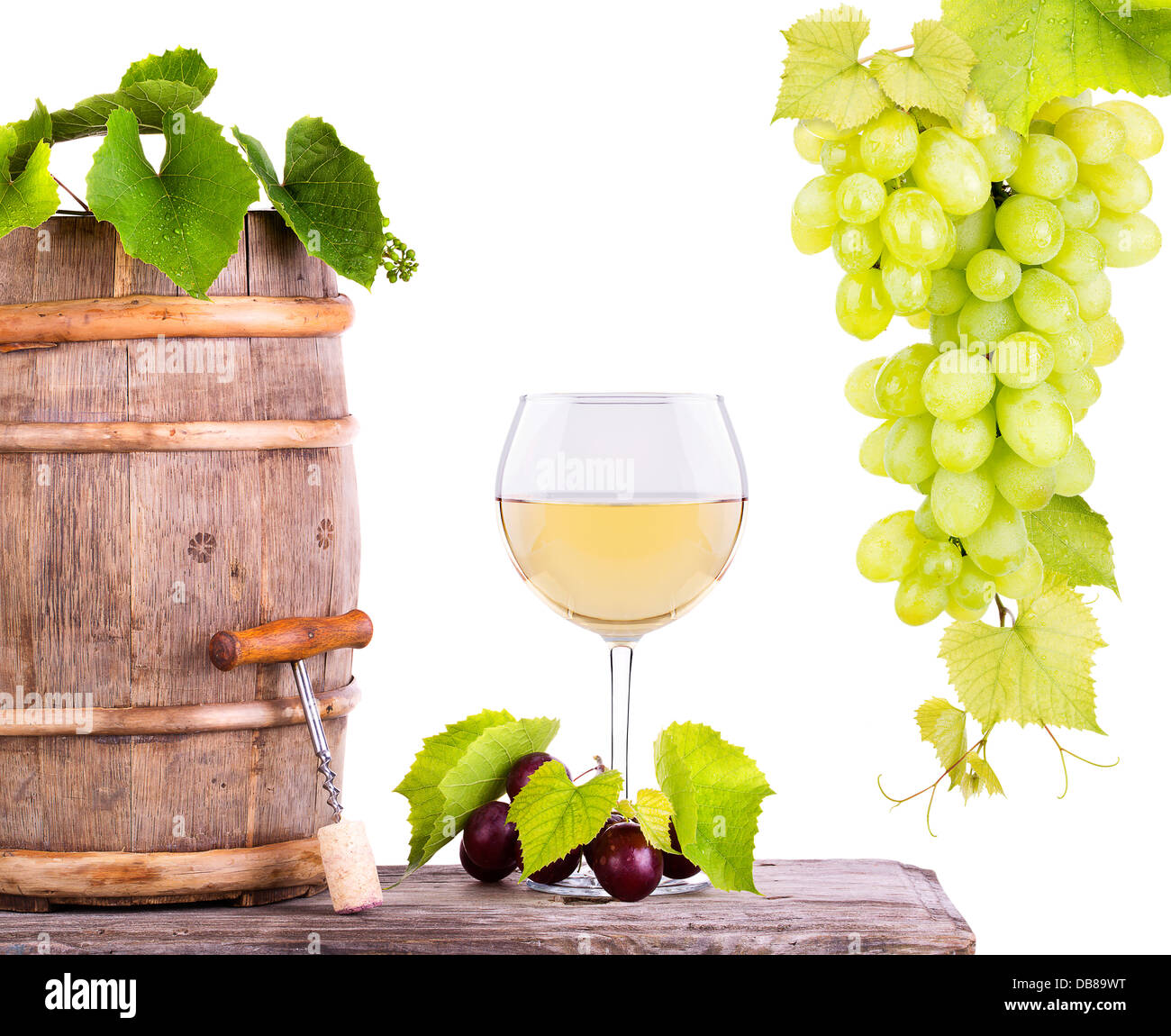 Red wine, glass barrel with grapes over white Stock Photo - Alamy