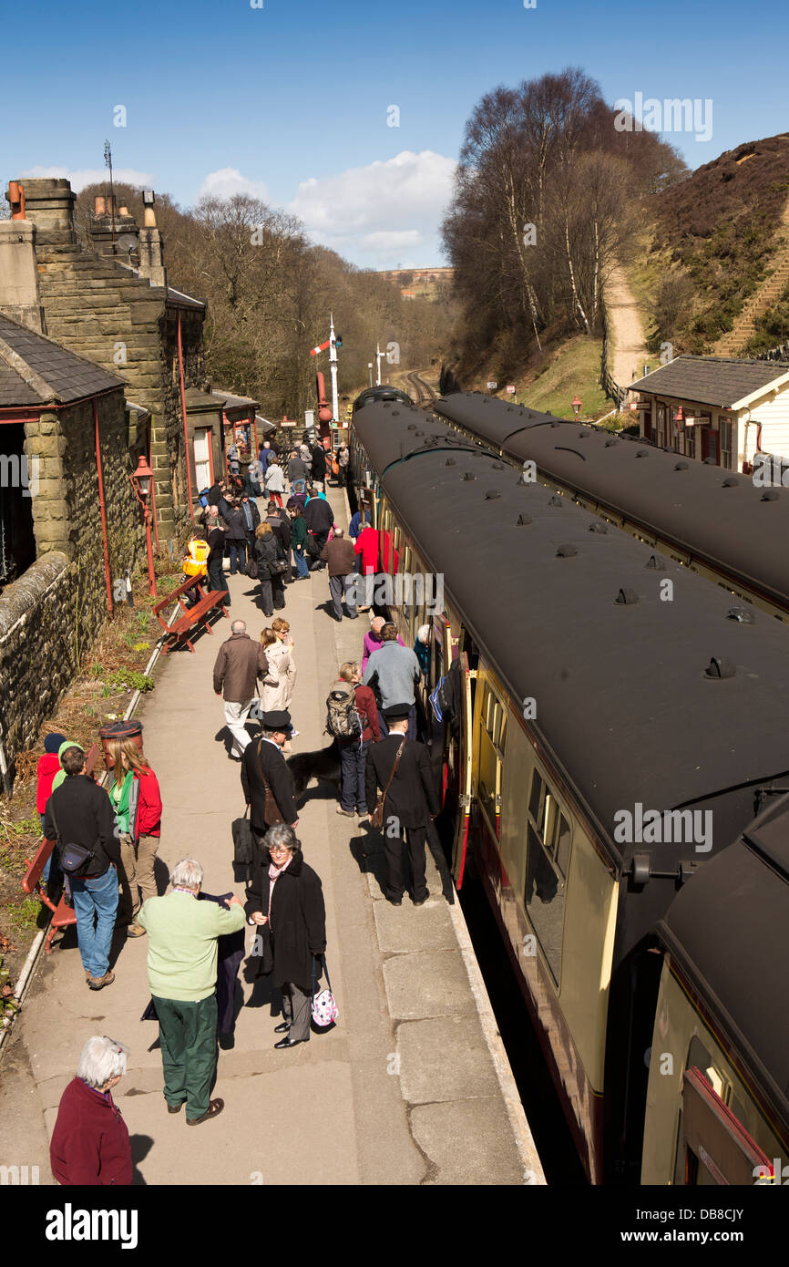 UK, England, Yorkshire, Goathland, train arriving at North Yorkshire ...