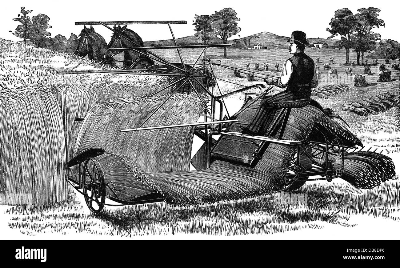 agriculture, machines, reaper-binder, wood engraving, from: "Buch der ...