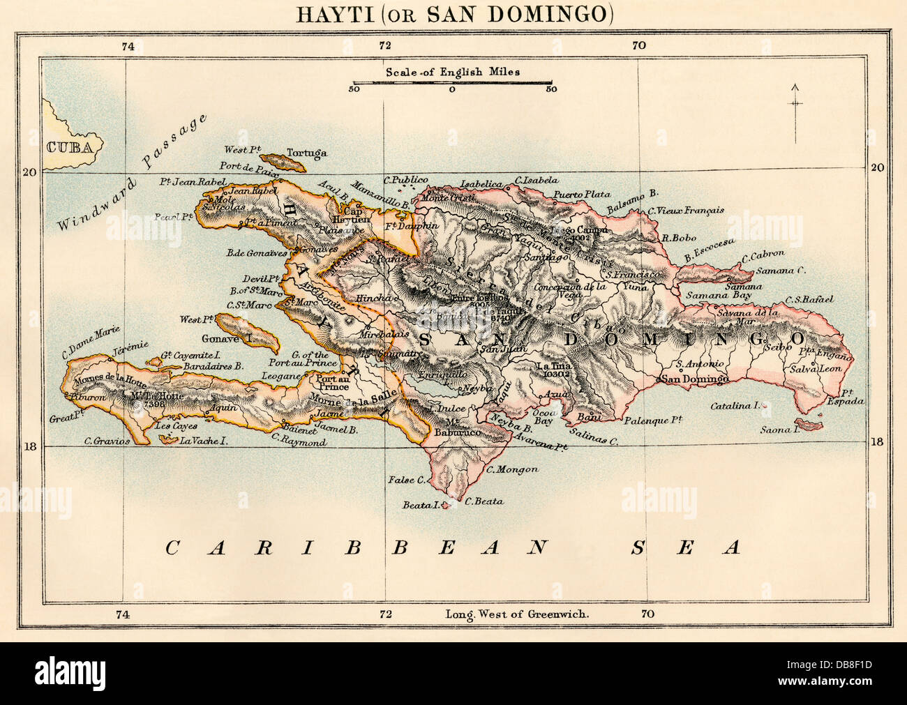 Map of Hispaniola, including Haiti and Santo Domingo, 1870s. Color ...