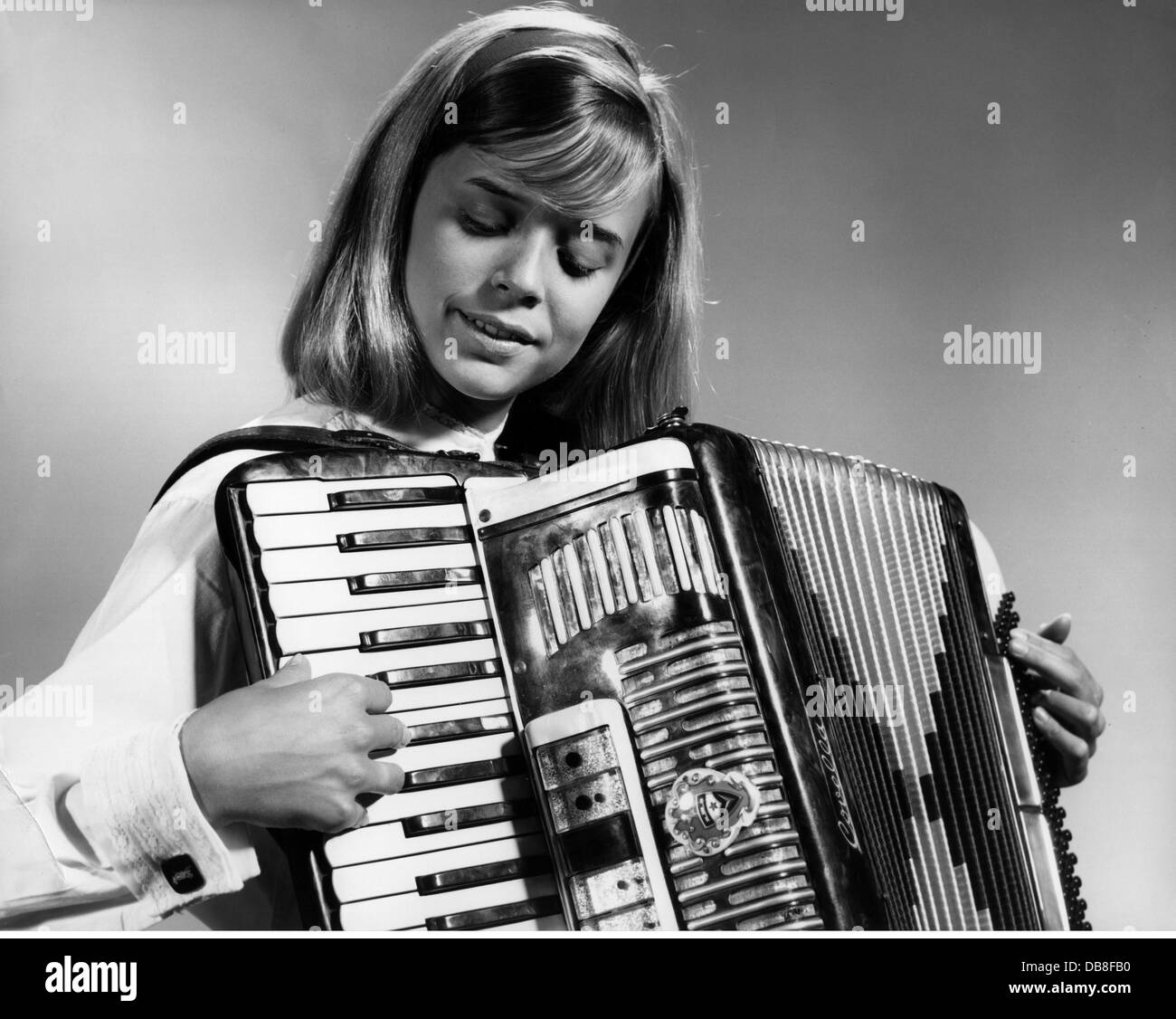 music, instruments, squeezeboxes, girl playing accordion, 1950s ...