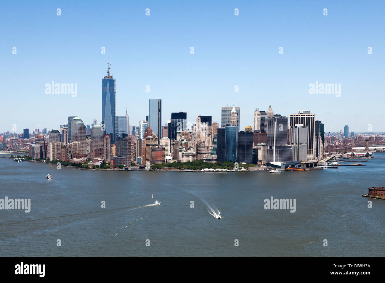 Aerial view above New York city, Manhattan island with Hudson and East ...