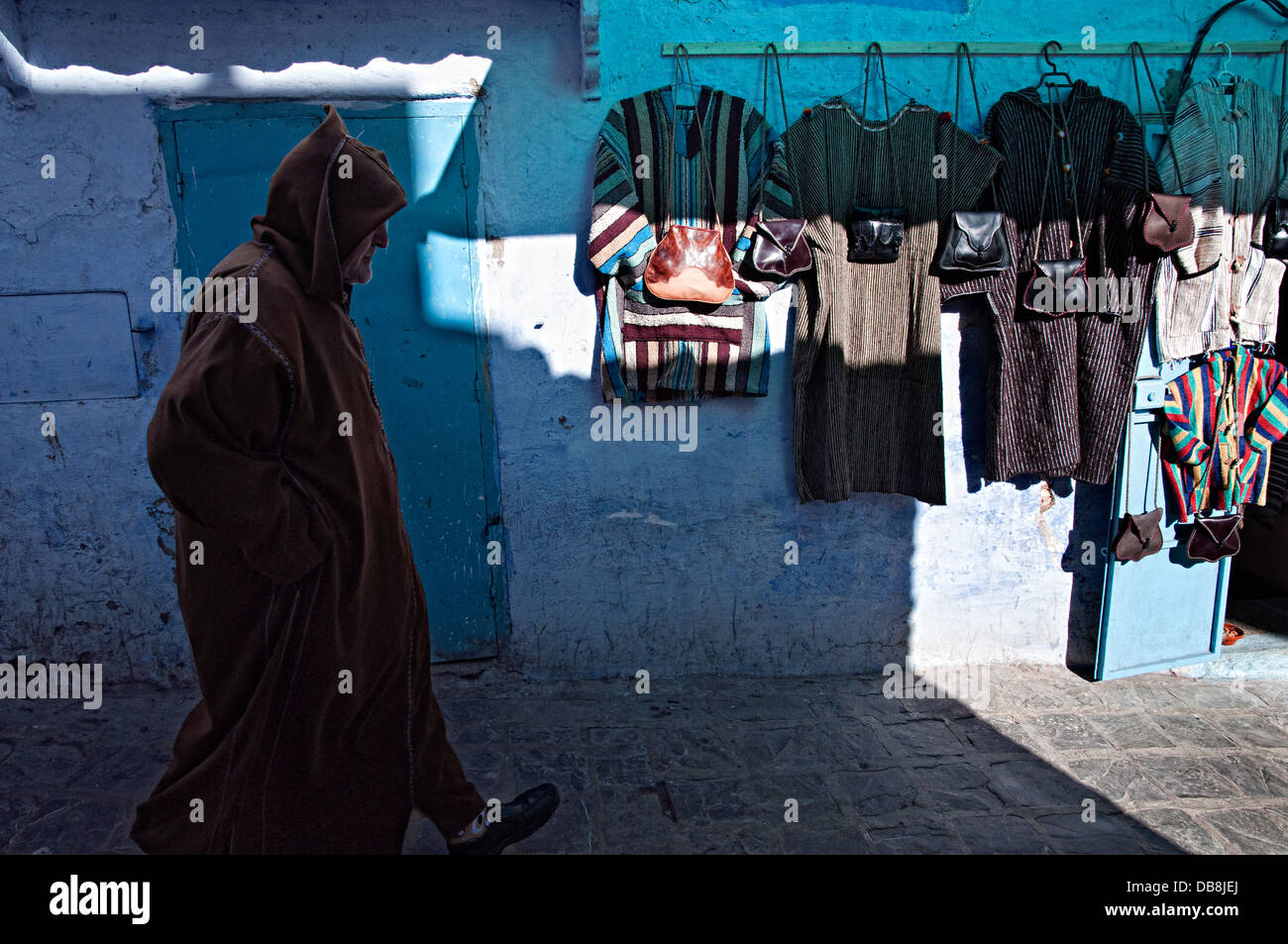 Textiles on display in the blue medina of Chefchaouen. Rif region ...