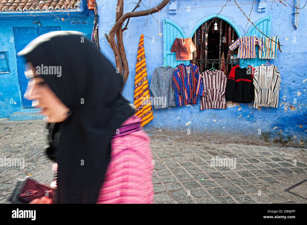 Textiles on display in the blue medina of Chefchaouen. Rif region ...