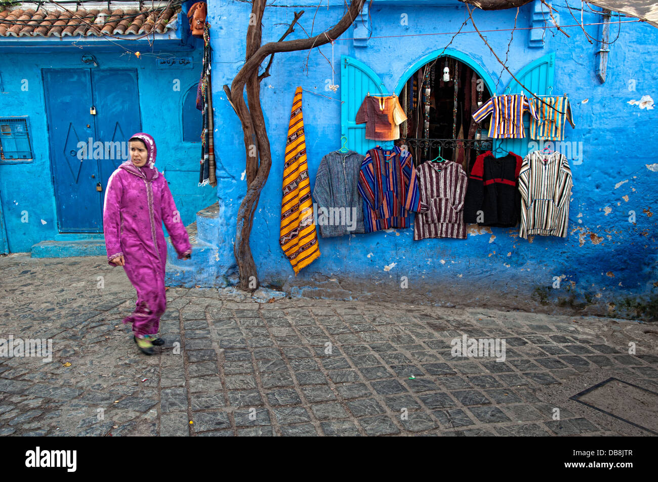 Textiles on display in the blue medina of Chefchaouen. Rif region ...