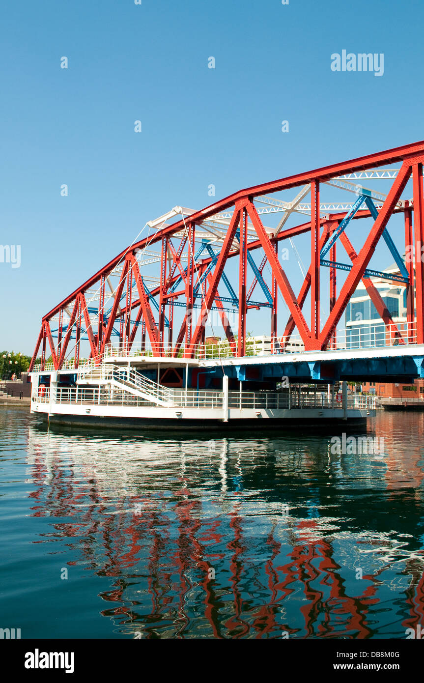 Detroit Bridge reflected in Huron Basin, Salford Quays, Manchester, UK ...