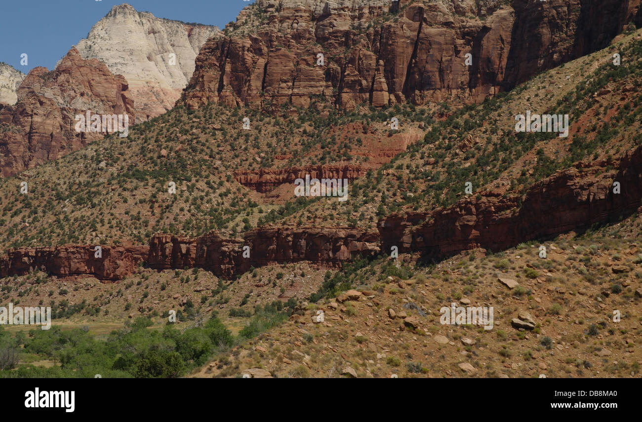 Blue sky view scree slopes, rock strata, sandstone, limestone cliffs ...