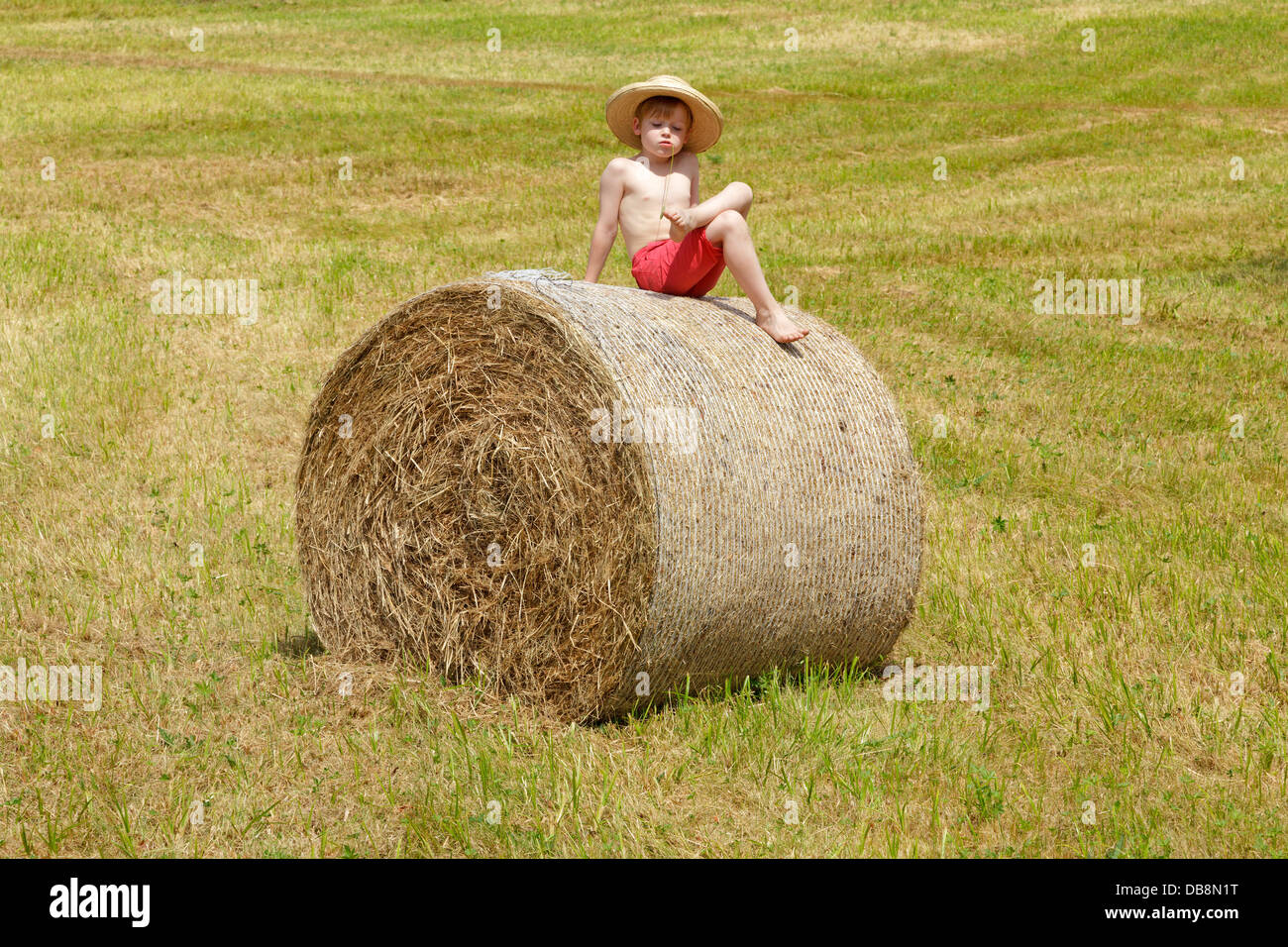 young boy sitting on a bale of hay Stock Photo - Alamy